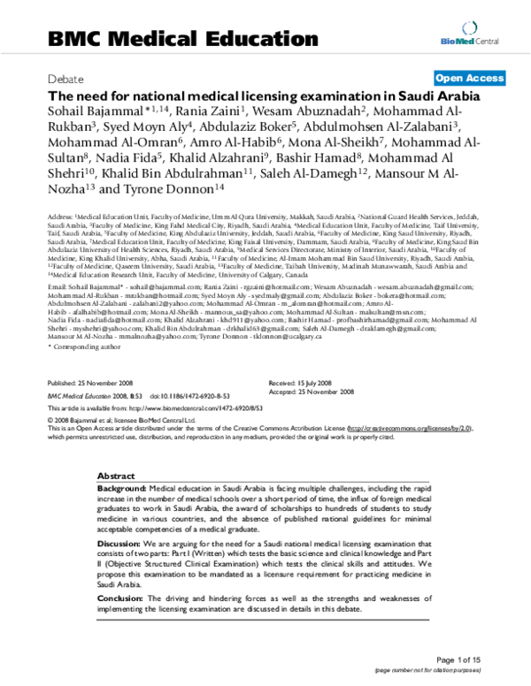 (PDF) The need for national medical licensing examination in Saudi Arabia