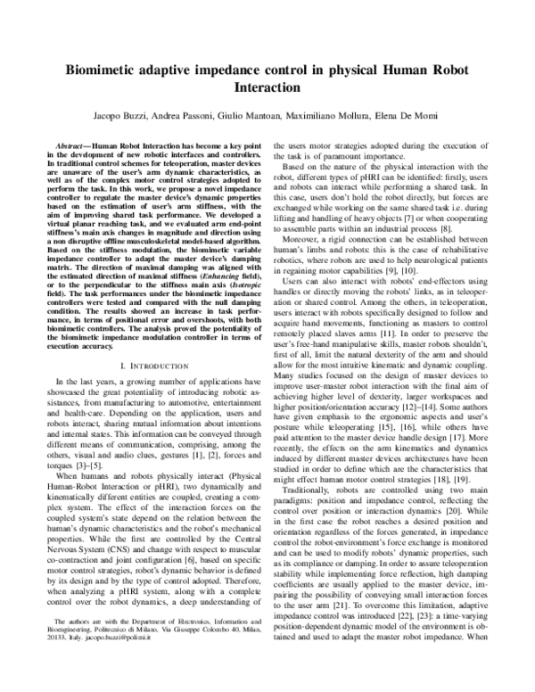 (PDF) Biomimetic adaptive impedance control in physical Human Robot Interaction