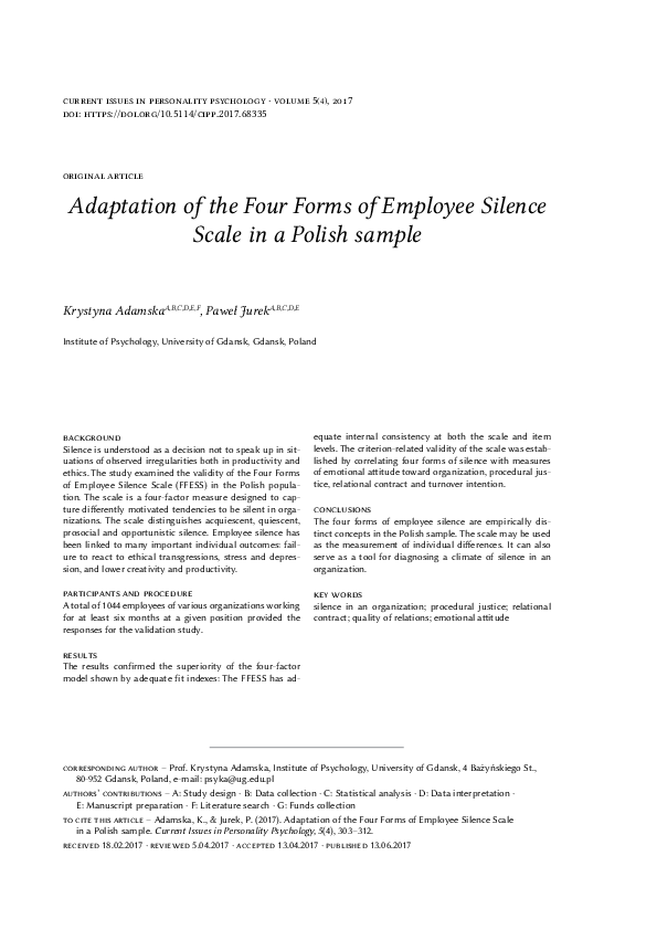 (PDF) Adaptation of the Four Forms of Employee Silence Scale in a ...
