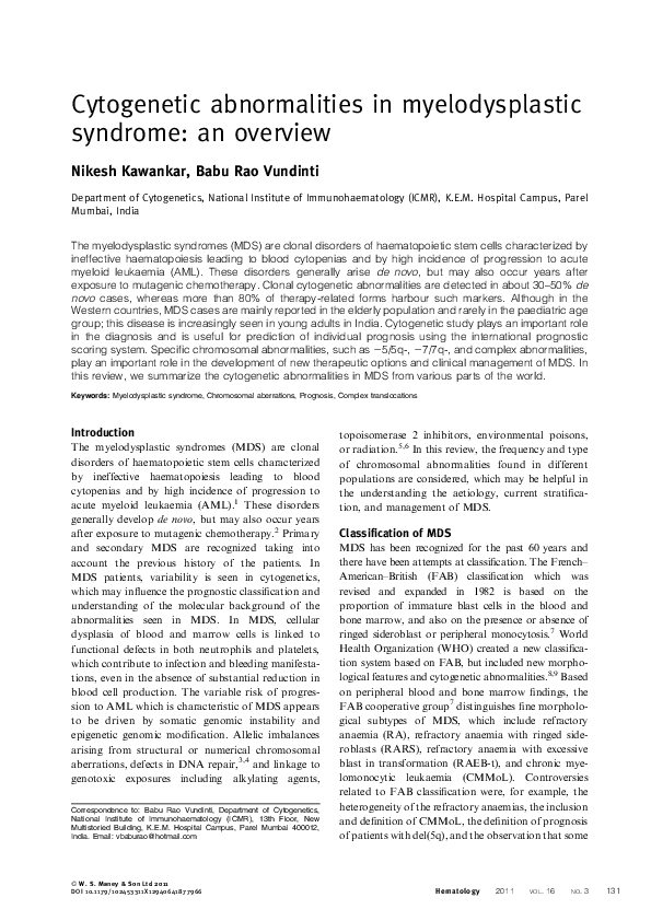 (PDF) Cytogenetic abnormalities in myelodysplastic syndrome: an overview