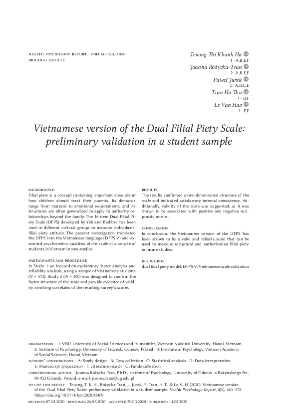 (PDF) Vietnamese version of the Dual Filial Piety Scale: preliminary ...