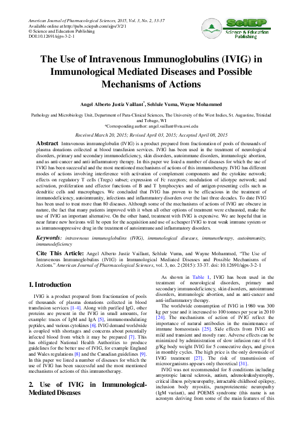 (PDF) The Use of Intravenous Immunoglobulins (IVIG) in Immunological Mediated Diseases and ...