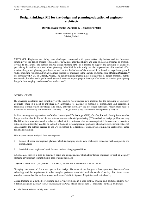 (PDF) Design thinking (DT) for the design and planning education of engineer-architects