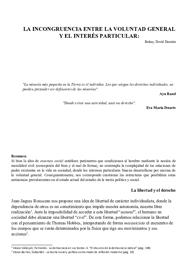 (DOC) LA INCONGRUENCIA ENTRE LA VOLUNTAD GENERAL Y EL INTERES PARTICULAR