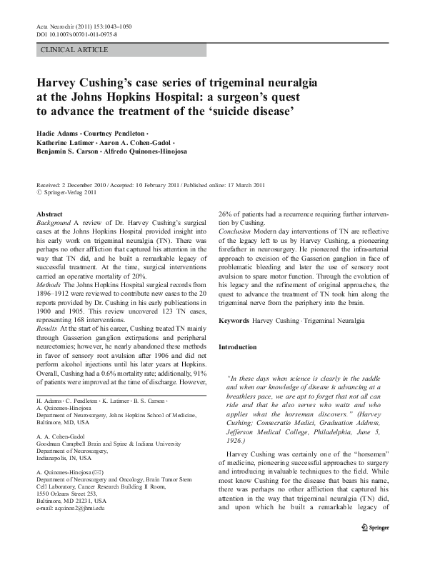 (PDF) Harvey Cushing’s case series of trigeminal neuralgia at the Johns ...