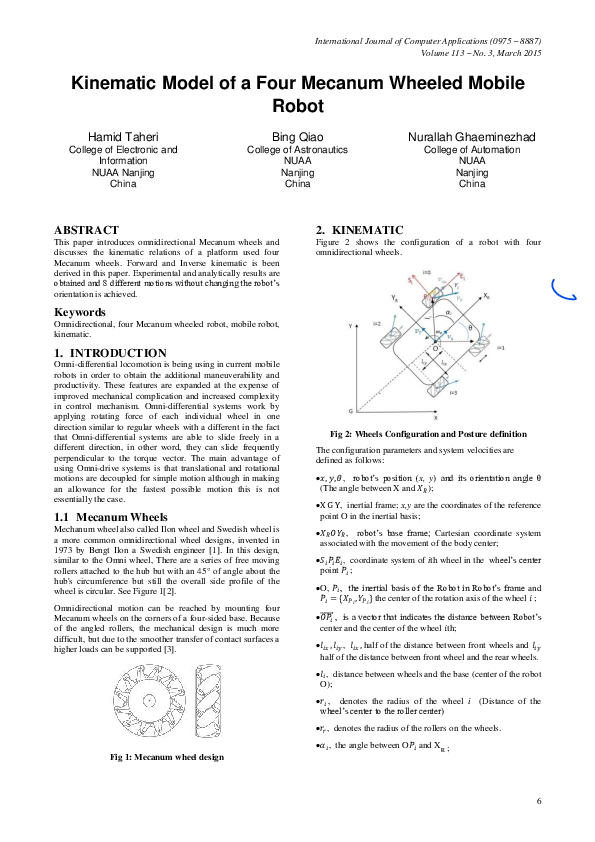 Pdf Kinematic Model Of A Four Mecanum Wheeled Mobile Robot