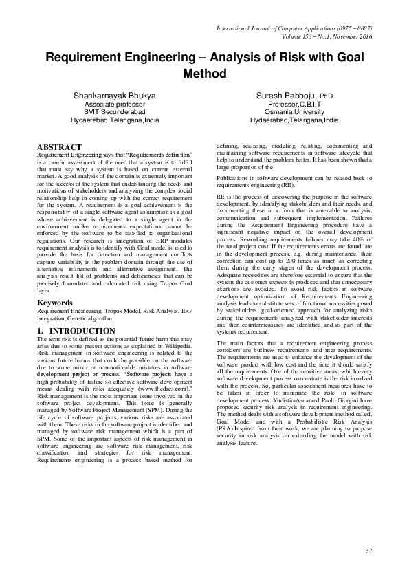 (PDF) Requirement Engineering – Analysis of Risk with Goal Method