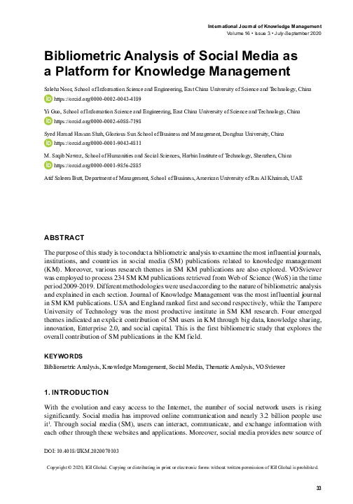 (PDF) Bibliometric Analysis of Social Media as a Platform for Knowledge Management