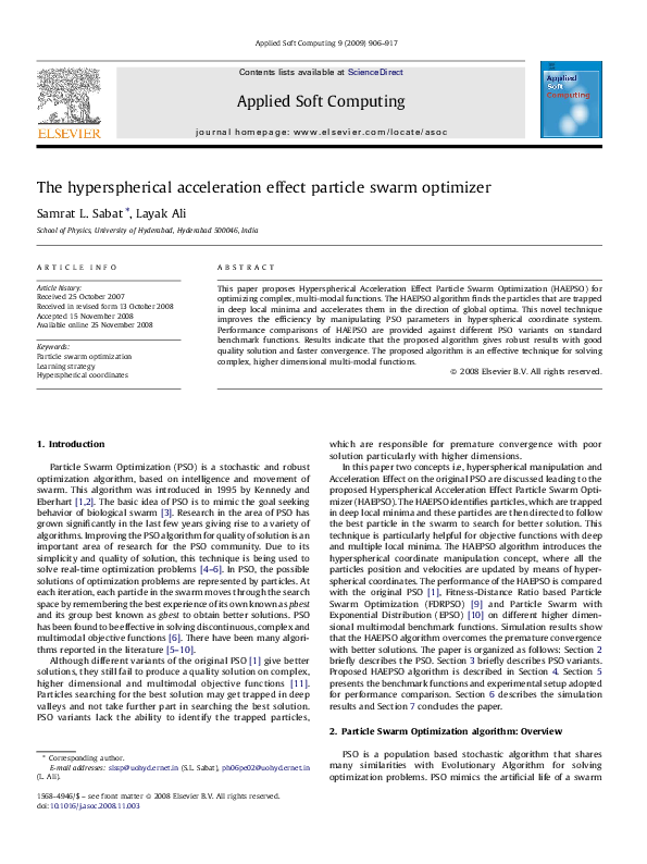 Pdf The Hyperspherical Acceleration Effect Particle Swarm Optimizer Dr Samrat L Sabat