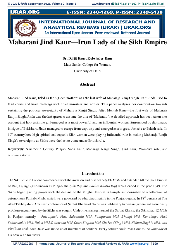 (PDF) Maharani Jind Kaur-Iron Lady of the Sikh Empire