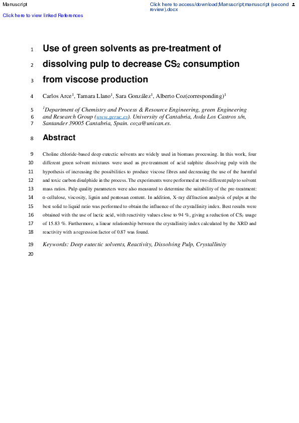 (PDF) Use of green solvents as pre-treatment of dissolving pulp to ...