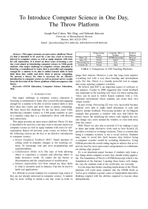 (PDF) To introduce computer science in one day: The Throw platform