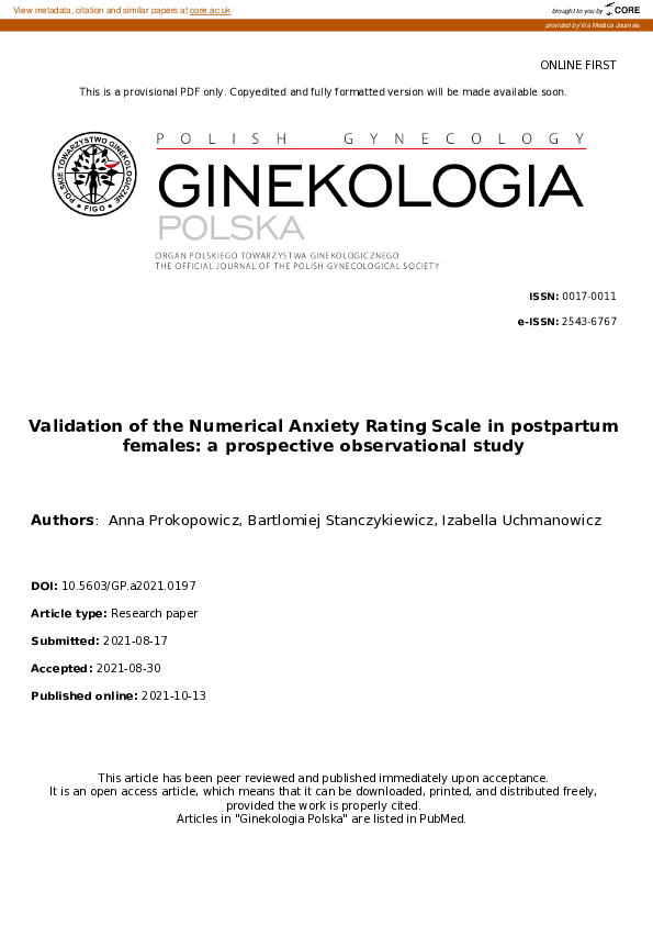 (PDF) Validation of the Numerical Anxiety Rating Scale in postpartum ...