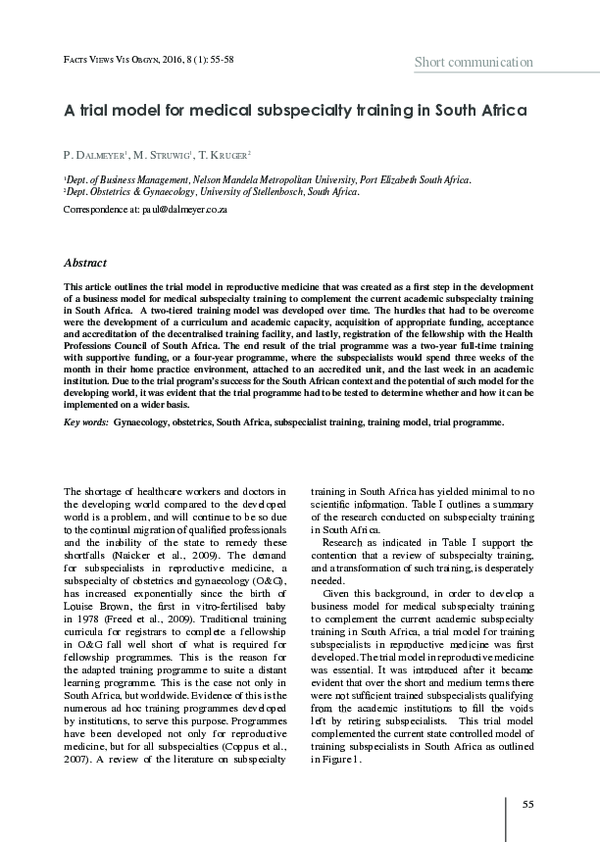 (PDF) A trial model for medical subspecialty training in South Africa