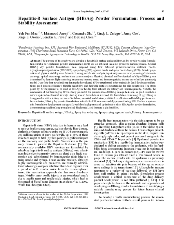 (PDF) Hepatitis-B Surface Antigen (HBsAg) Powder Formulation: Process and Stability Assessment
