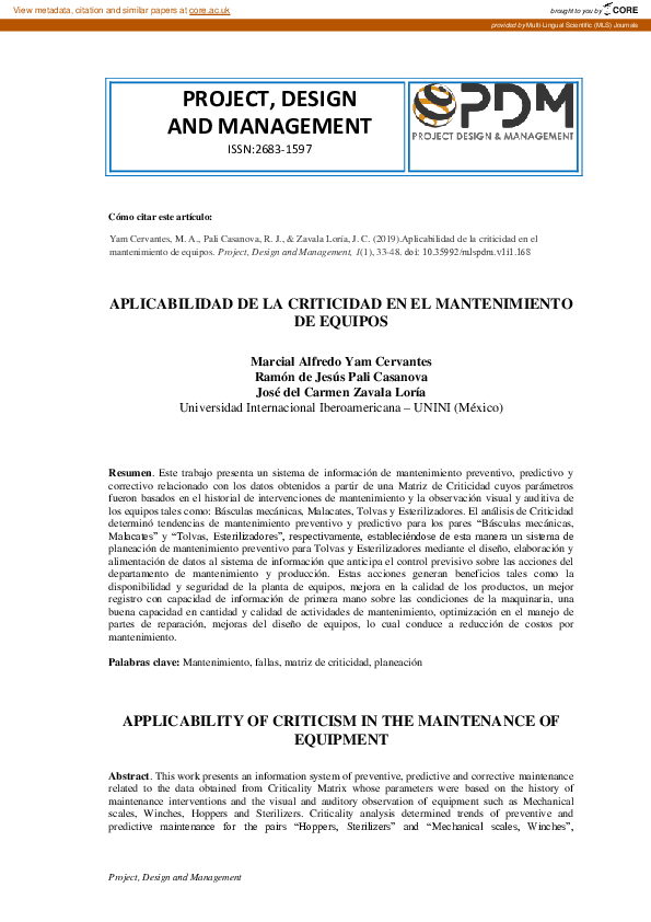 (PDF) Aplicabilidad de la criticidad en el mantenimiento de equipos