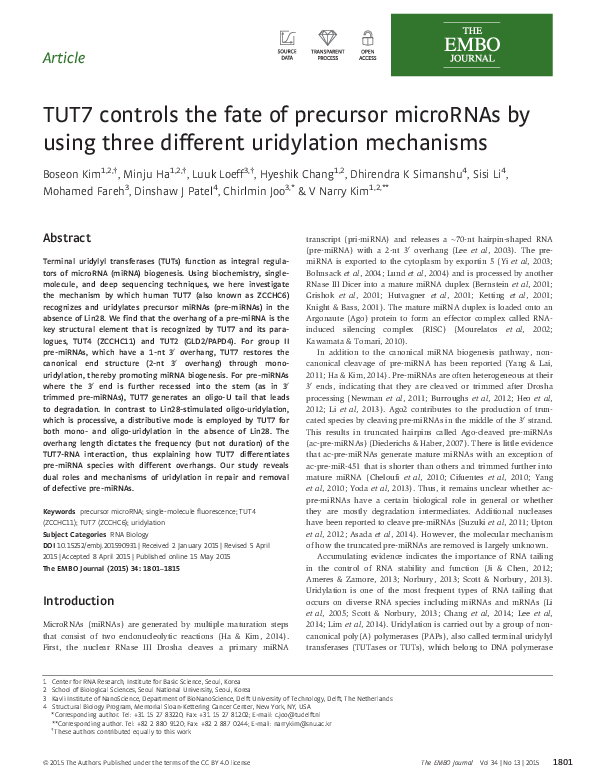 (PDF) TUT7 controls the fate of precursor microRNAs by using three different uridylation mechanisms