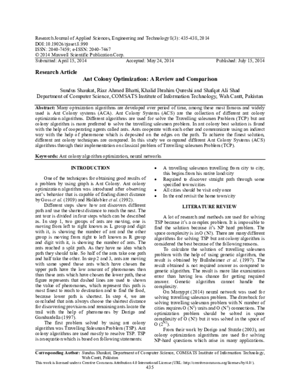 Pdf Ant Colony Optimization A Review And Comparison