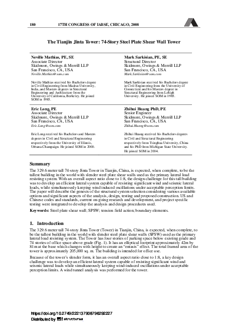 (PDF) The Tianjin Jinta Tower: 74-Story Steel Plate Shear Wall Tower