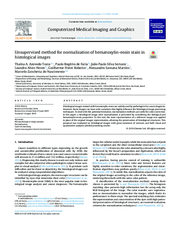 (PDF) Unsupervised method for normalization of hematoxylin-eosin stain in histological images