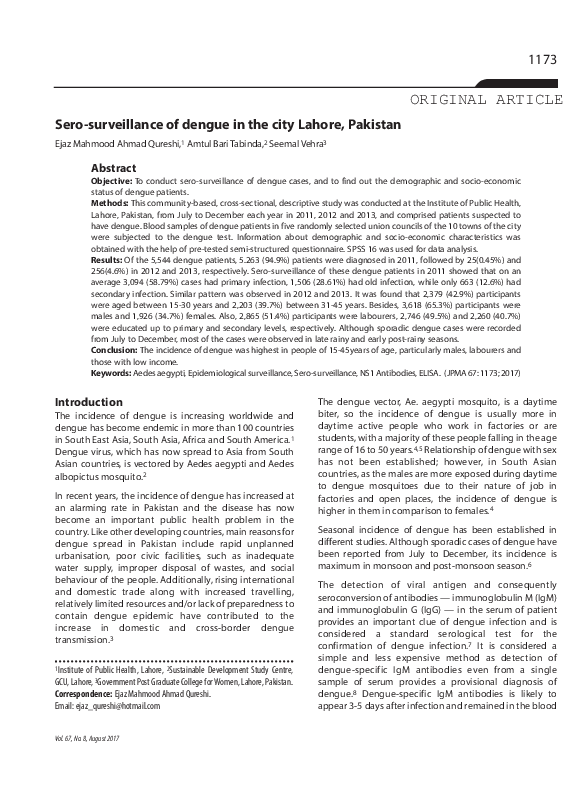 (PDF) Sero-surveillance of dengue in the city Lahore, Pakistan