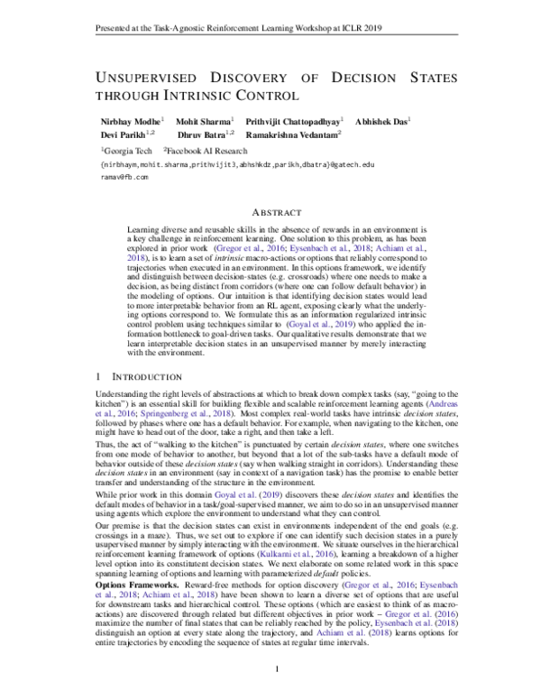 (PDF) Presented at the Task-Agnostic Reinforcement Learning Workshop at ICLR 2019 U NSUPERVISED ...