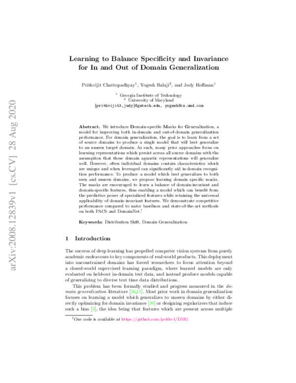 (PDF) Learning to Balance Specificity and Invariance for In and Out of Domain Generalization