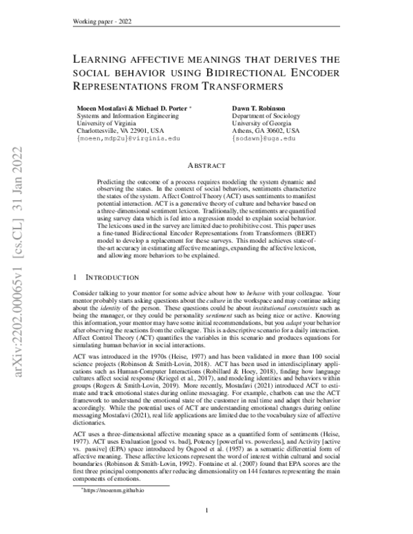 (PDF) Learning affective meanings that derives the social behavior using Bidirectional Encoder ...