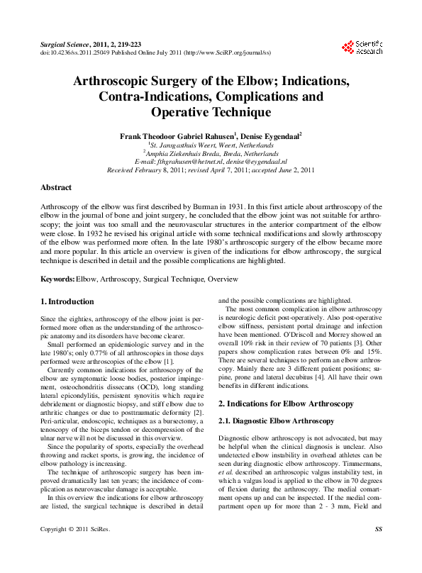 (PDF) Arthroscopic Surgery of the Elbow; Indications, Contra ...