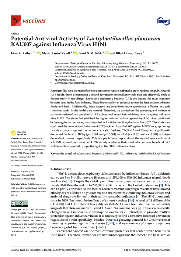 (PDF) Potential Antiviral Activity of Lactiplantibacillus plantarum KAU007 against Influenza ...