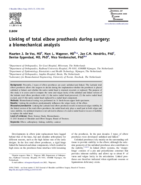 (PDF) Linking of total elbow prosthesis during surgery; a biomechanical ...
