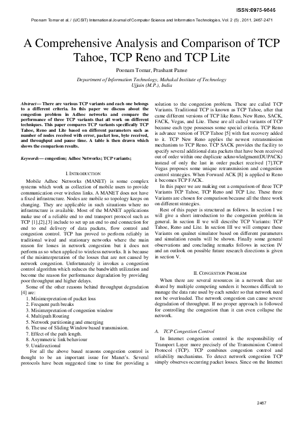 (PDF) A Comprehensive Analysis and Comparison of TCP Tahoe, TCP Reno and TCP Lite | Dr. Prashant ...