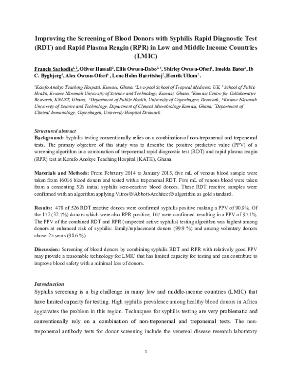 (DOC) Improving the screening of blood donors with syphilis rapid ...