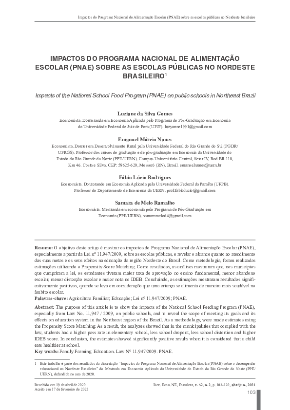 (PDF) Impactos Do Programa Nacional De Alimentação Escolar (Pnae) Sobre ...