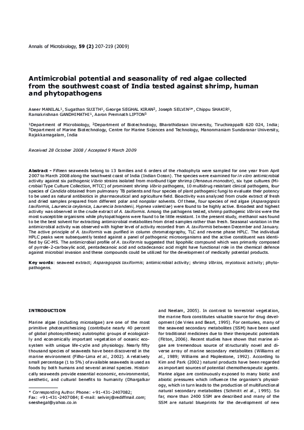 (PDF) Antimicrobial potential and seasonality of red algae collected ...