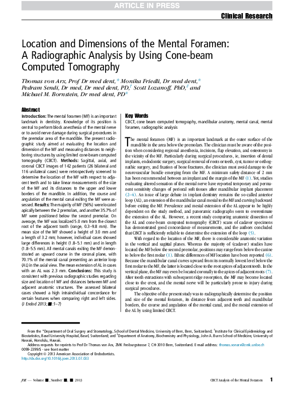 Pdf Location And Dimensions Of The Mental Foramen A Radiographic Analysis By Using Cone Beam