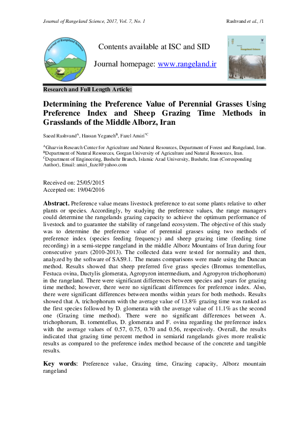 (PDF) Determining the Preference Value of Perennial Grasses Using Preference Index and Sheep ...
