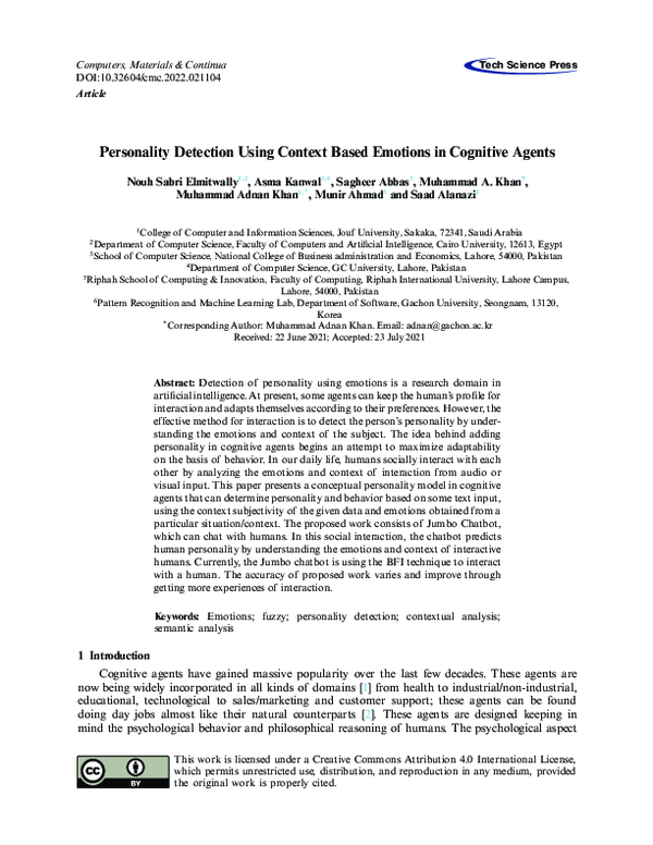 (PDF) Personality Detection Using Context Based Emotions in Cognitive Agents
