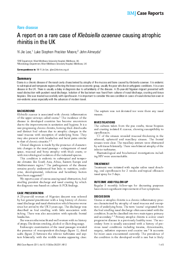 (PDF) A report on a rare case of Klebsiella ozaenae causing atrophic ...
