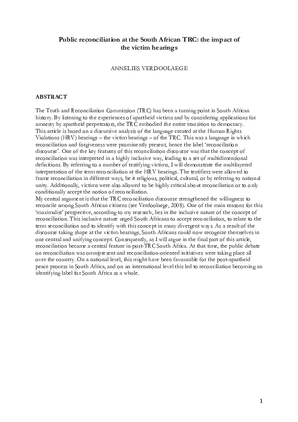 (PDF) Public Reconciliation at the South African Trc: the Impact of the ...