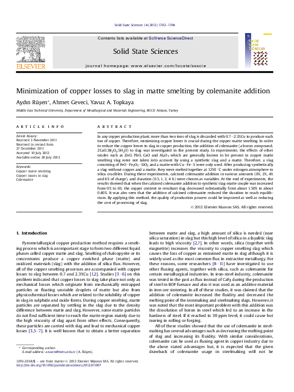 (PDF) Minimization of copper losses to slag in matte smelting by ...