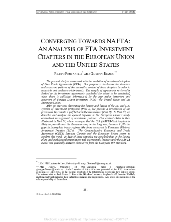 (PDF) Article: Converging Towards NAFTA: An Analysis of FTA Investment Chapters in the European ...
