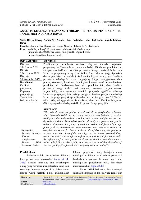 (PDF) Analisis Kualitas Pelayanan Terhadap Kepuasan Pengunjung Di Taman Mini Indonesia Indah ...