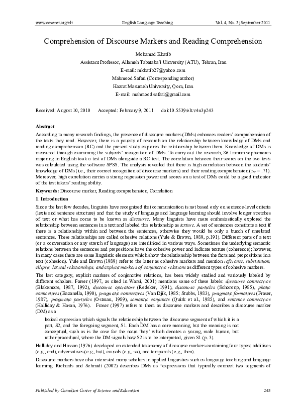 (PDF) Comprehension of Discourse Markers and Reading Comprehension