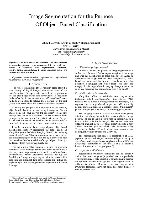 (PDF) Image segmentation for the purpose of object-based classification