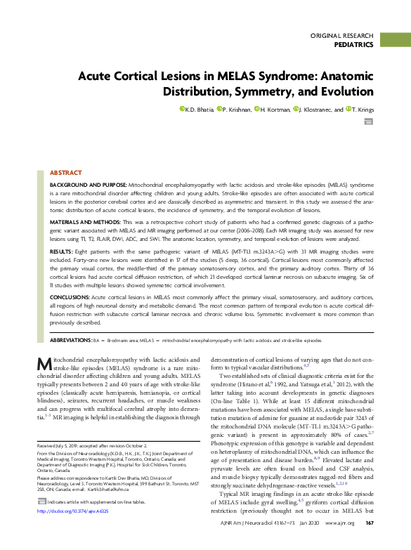 (PDF) Acute Cortical Lesions in MELAS Syndrome: Anatomic Distribution ...