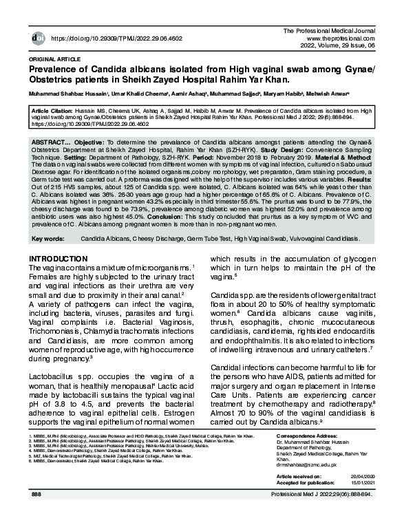 Pdf Prevalence Of Candida Albicans Isolated From High Vaginal Swab