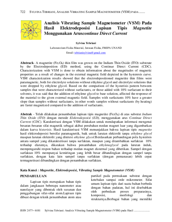 (PDF) Analisis Vibrating Sample Magnetometer (VSM) Pada Hasil Elektrodeposisi Lapisan Tipis ...