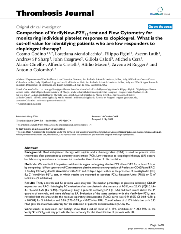 (PDF) Comparison of VerifyNow-P2Y12 test and Flow Cytometry for ...