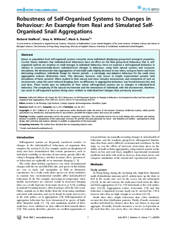 (PDF) Robustness of Self-Organised Systems to Changes in Behaviour: An Example from Real and ...